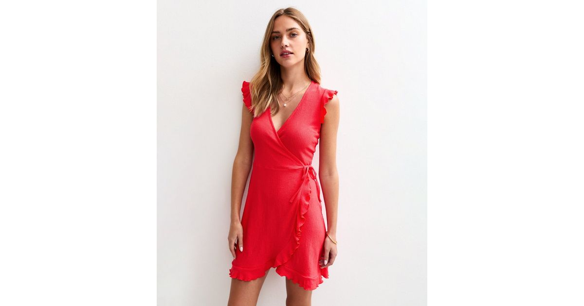 Bright Red Crinkled Frilly Trim Wrap Mini Dress | New Look