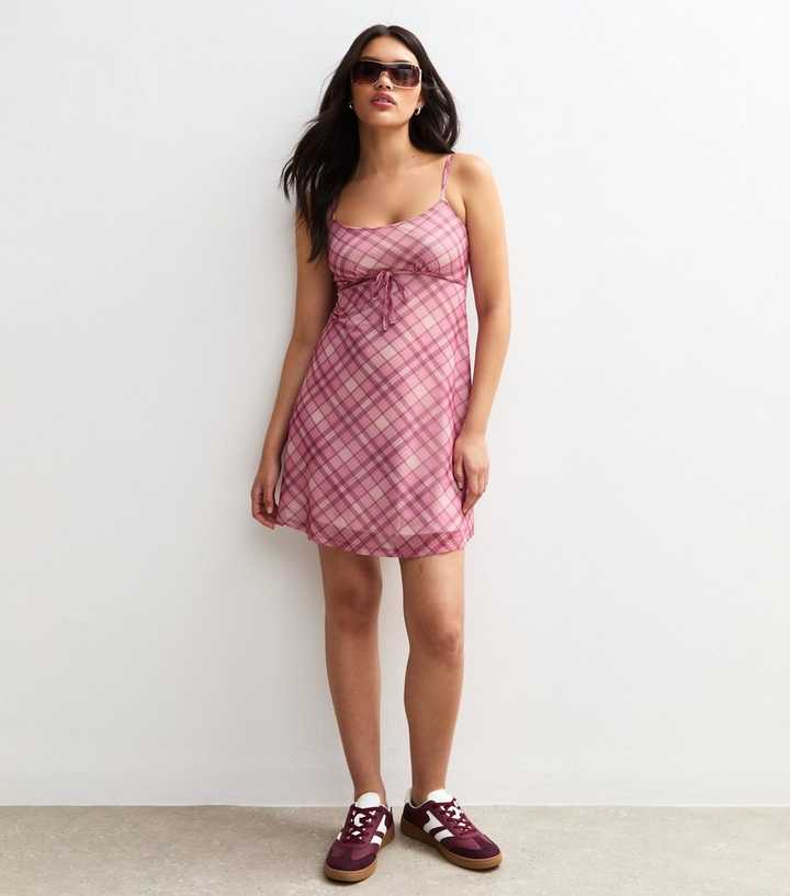Pink Check Print Bow Trim Mesh Mini Dress | New Look