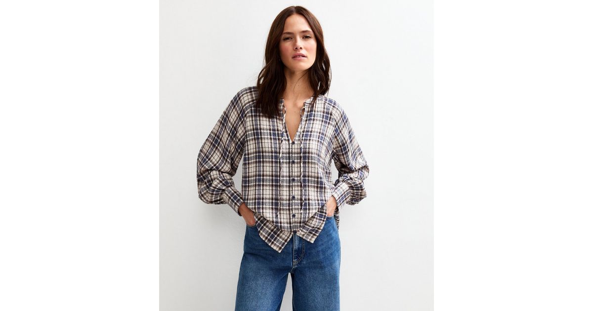Blue Check Print Textured Tie Neck Blouse | New Look