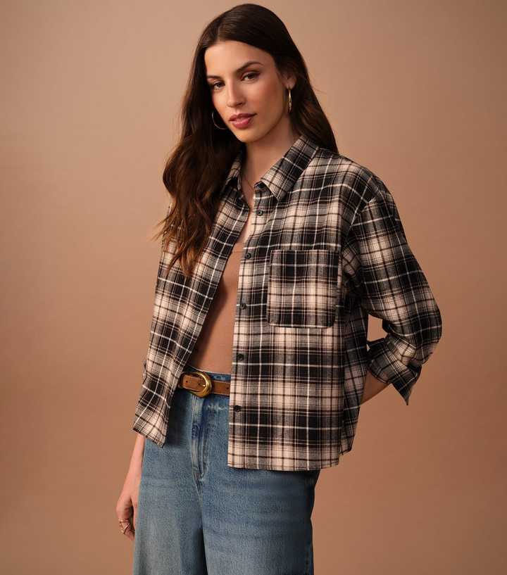 Black Check Print Long Sleeve Cropped Shirt | New Look