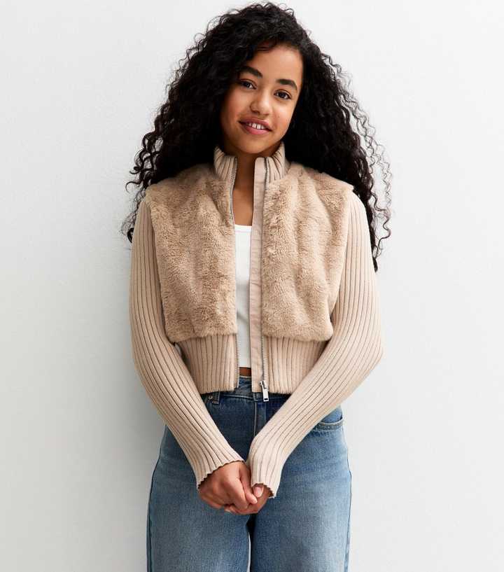 Girls Stone Faux Fur Ribbed Jacket | New Look