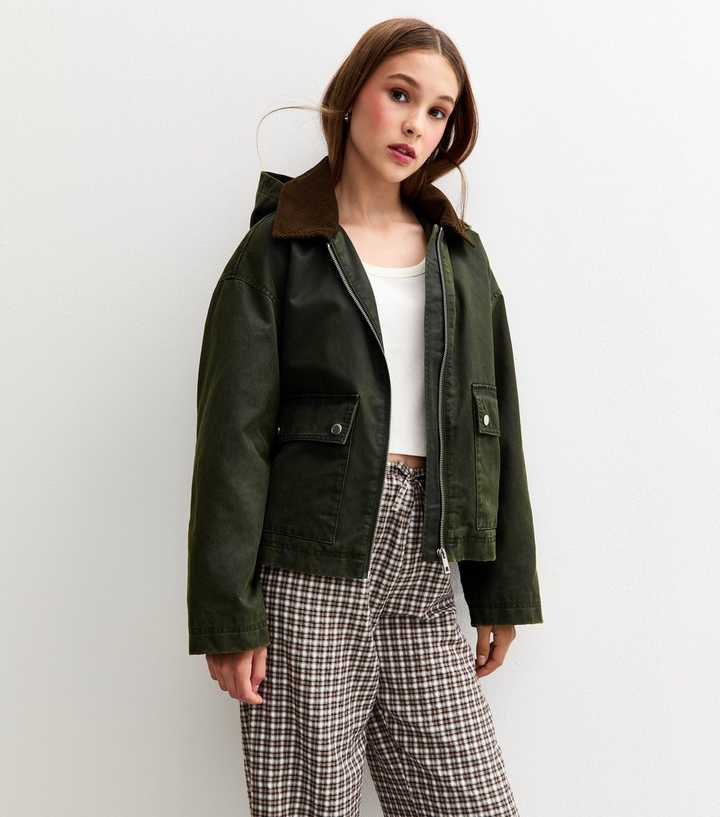 Girls Dark Khaki Coated Hooded Jacket | New Look