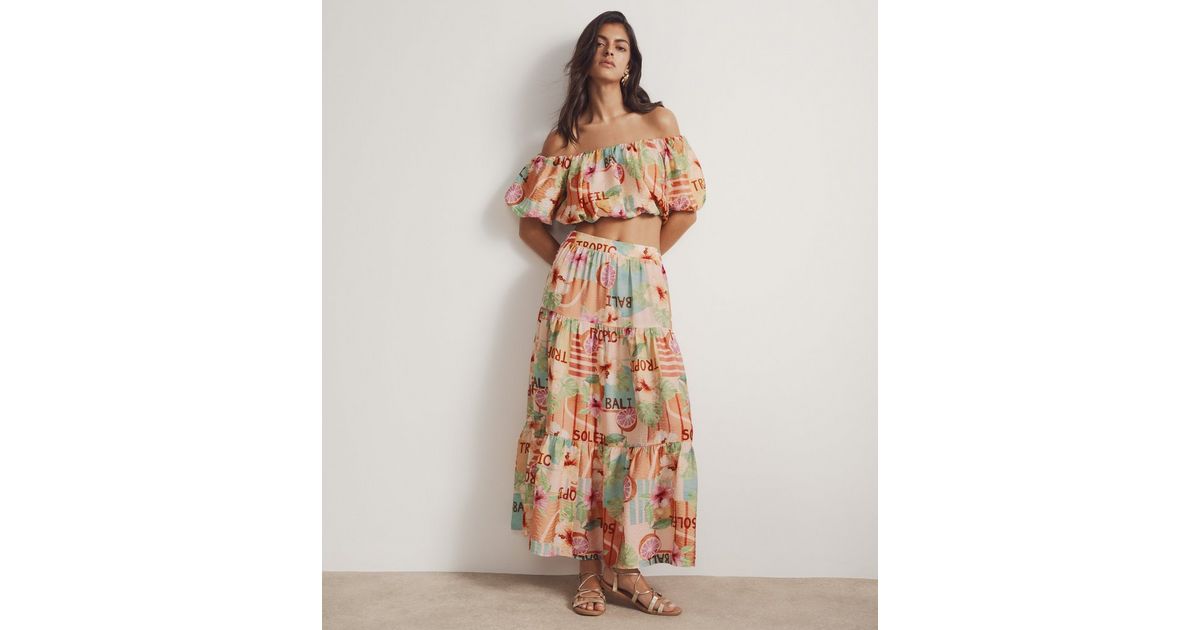 Multicolour Flower Grapefruit Print Tiered Midi Skirt | New Look