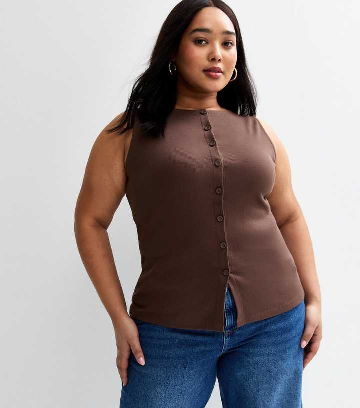 Curves Brown Button Through Vest | New Look