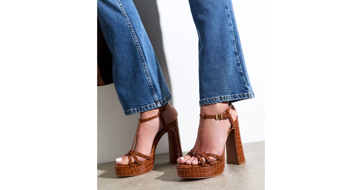 Rust Croc Effect Platform Sandals | New Look