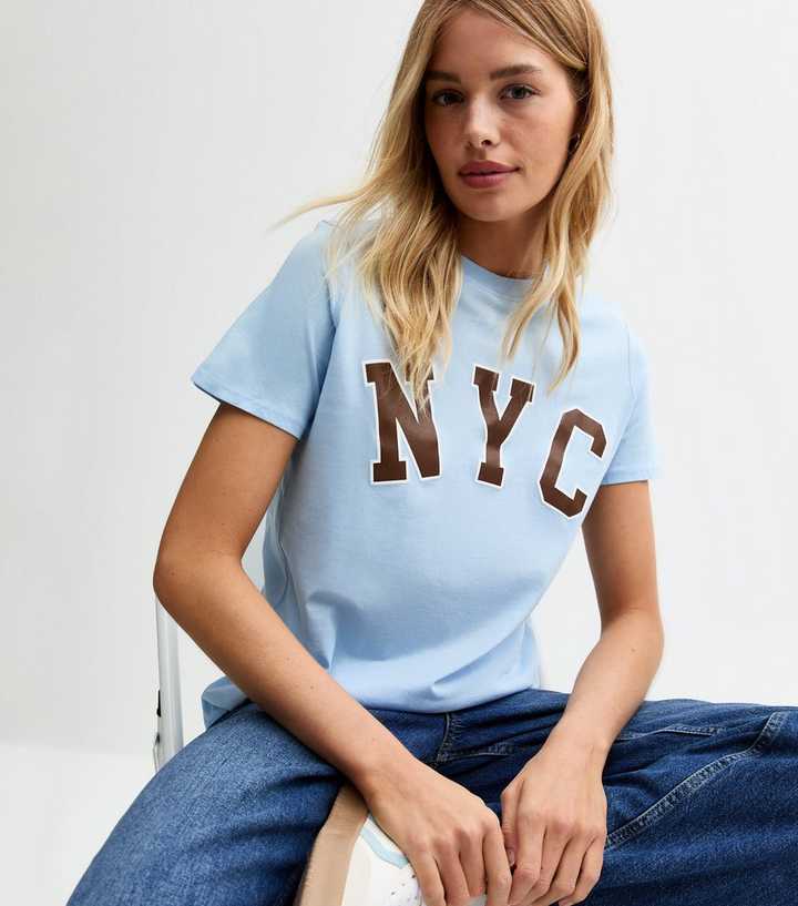Light Blue NYC Raised Print Relaxed T-Shirt | New Look