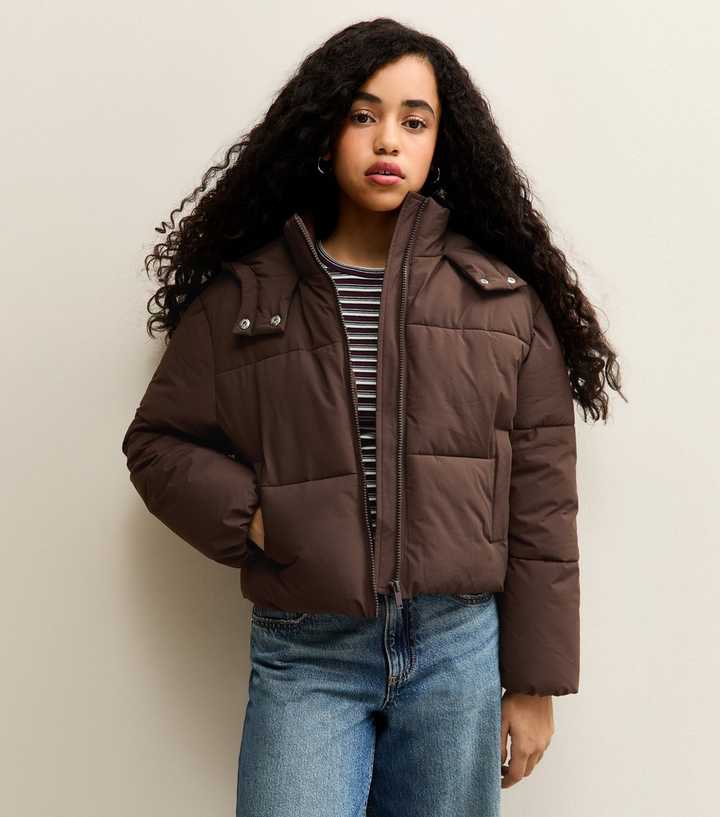 Girls Dark Brown Cropped Puffer Jacket | New Look