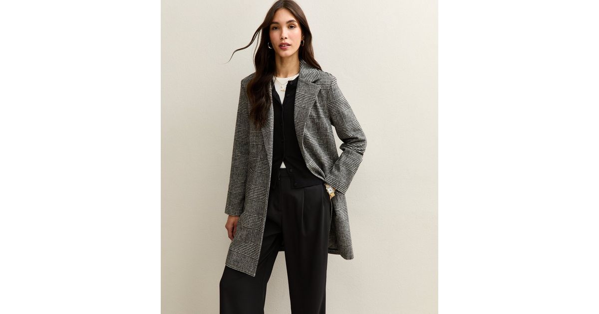 Black Check Collared Coat | New Look
