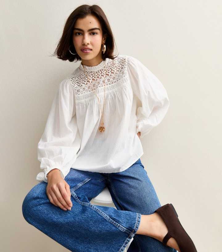 White Lace Yoke Long Sleeve Blouse | New Look