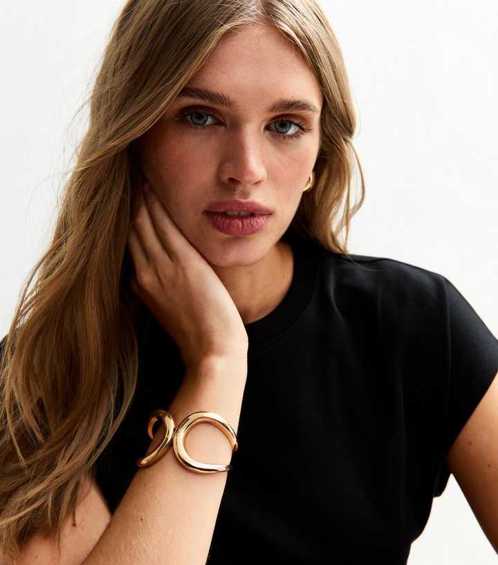 Gold Tone Open Wrap Around Hinge Cuff Bracelet | New Look