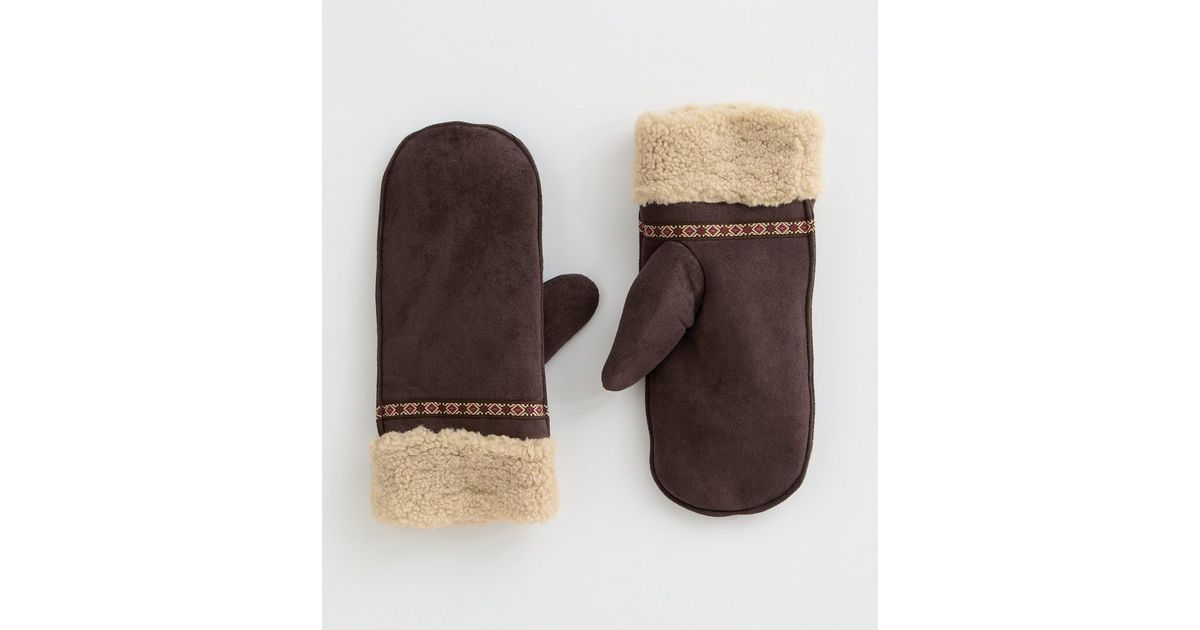Brown Faux Suede Borg Trim Mittens | New Look