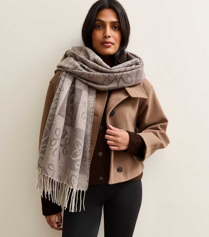 Black Logo Monogram Block Pattern Scarf | New Look