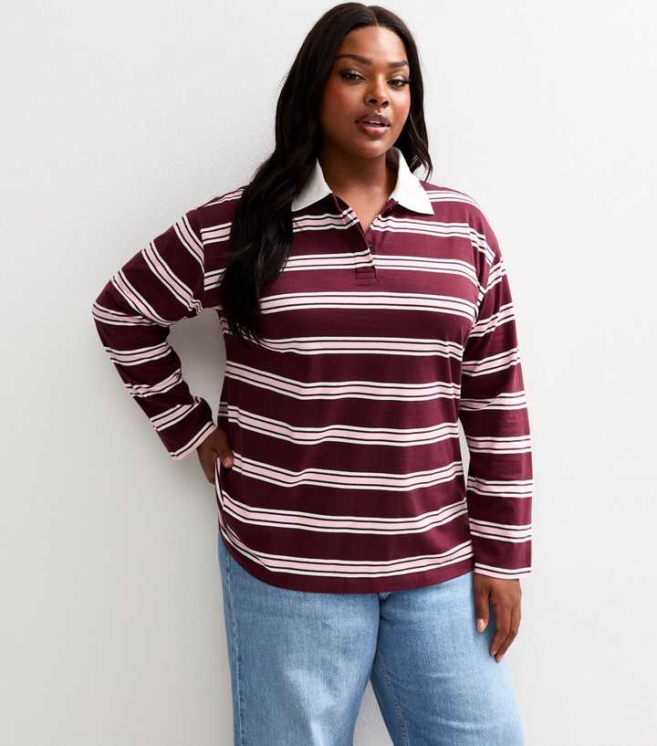 Curves Red Striped Long Sleeve Rugby Top | New Look