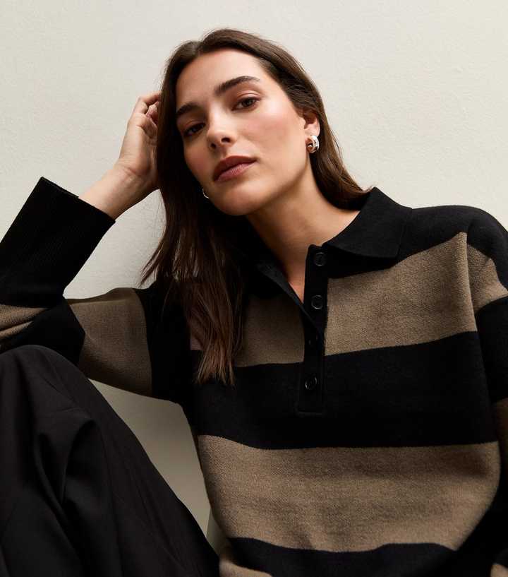 Black Striped Compact Knit Button Up Polo Top | New Look