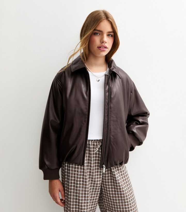 Girls Dark Brown Bubble Hem Faux Leather Jacket | New Look