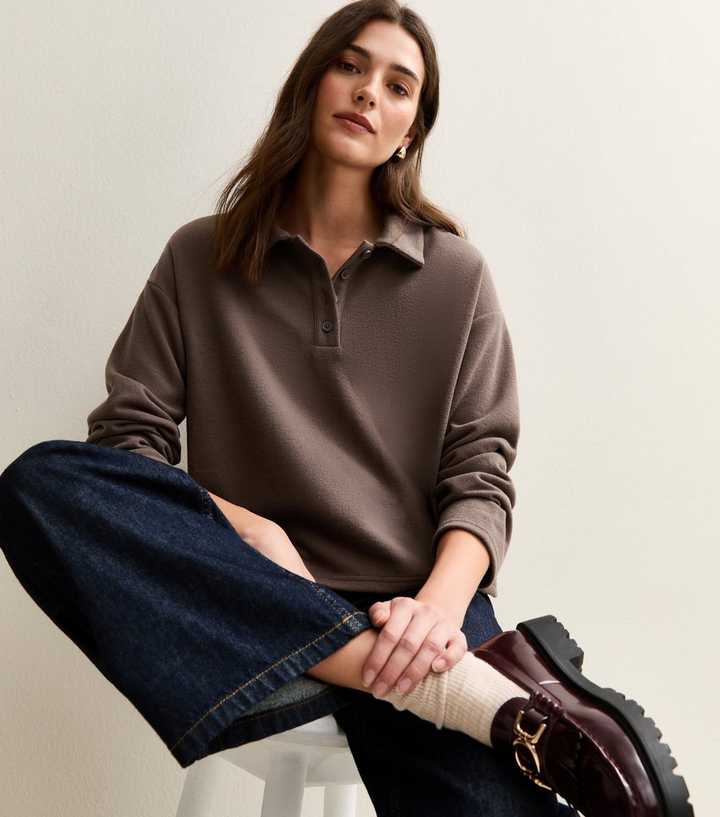 Dark Mink Soft Touch Long sleeve Button Up Polo Top | New Look
