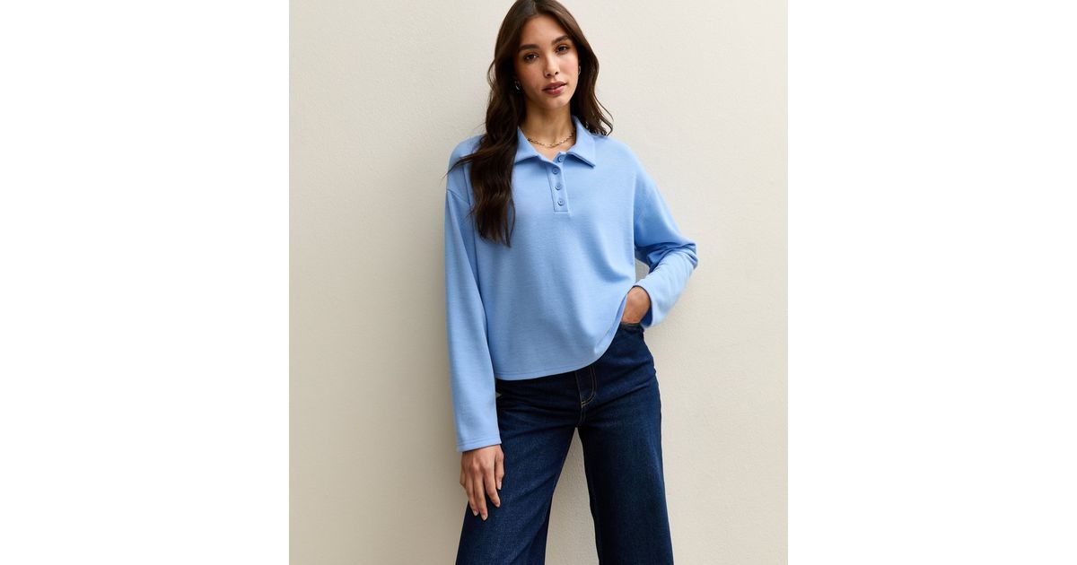 Bright Blue Soft Touch Long Sleeve Button Up Polo Top | New Look