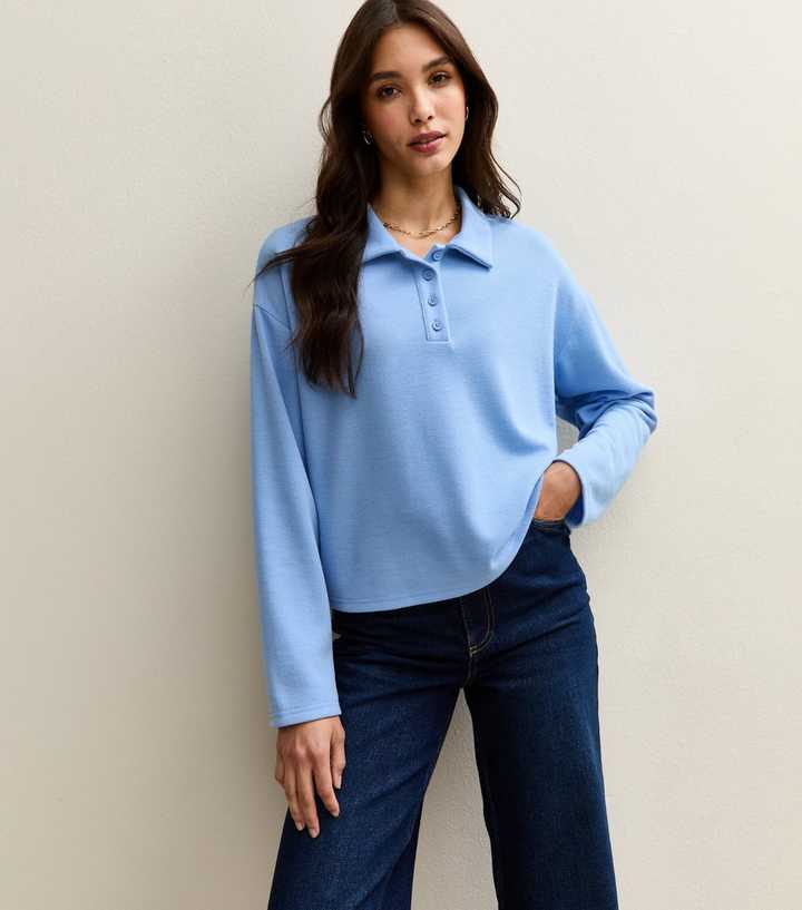 Bright Blue Soft Touch Long Sleeve Button Up Polo Top | New Look