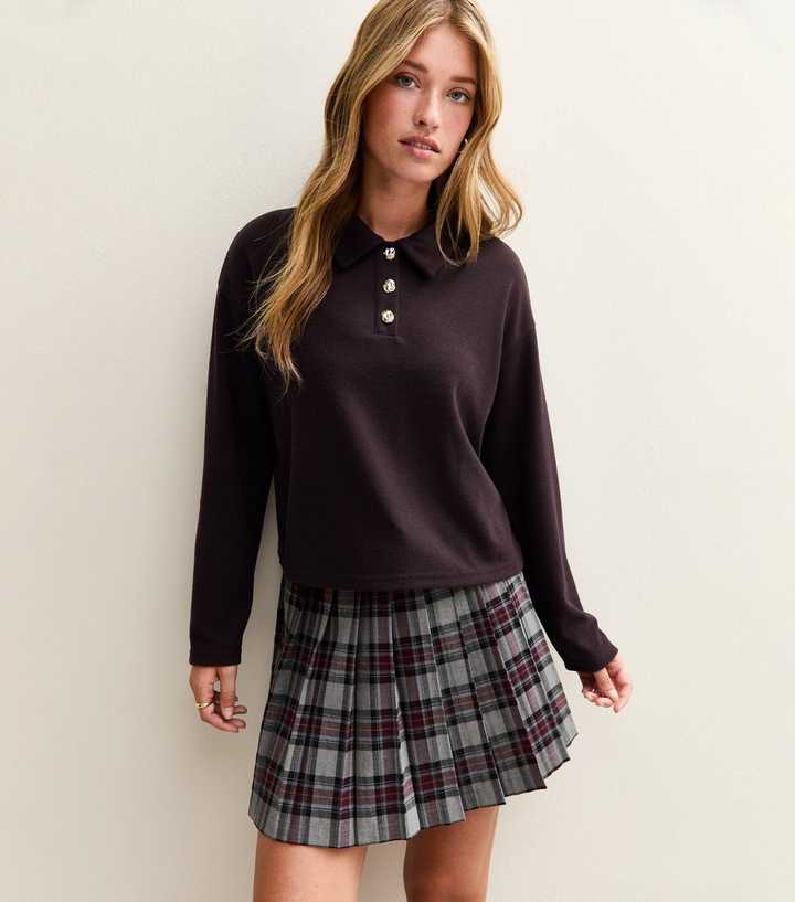 Dark Purple Soft Touch Gold Button Polo Top | New Look