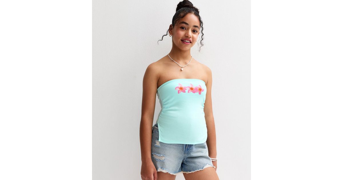 Girls Light Blue Flower Print Ruched Bandeau Top | New Look