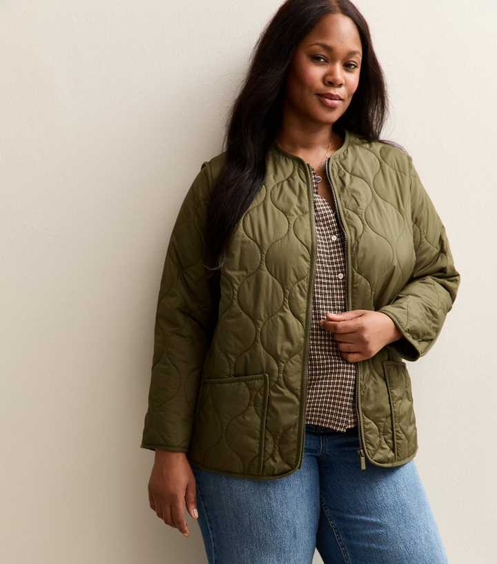 Curves Khaki Stitched Pattern Lightly Padded Jacket | New Look