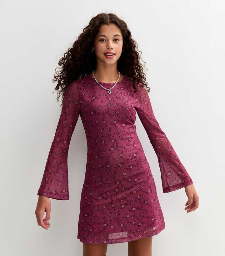 Girls Red Mesh Rose Print Long Sleeve Mini Dress | New Look