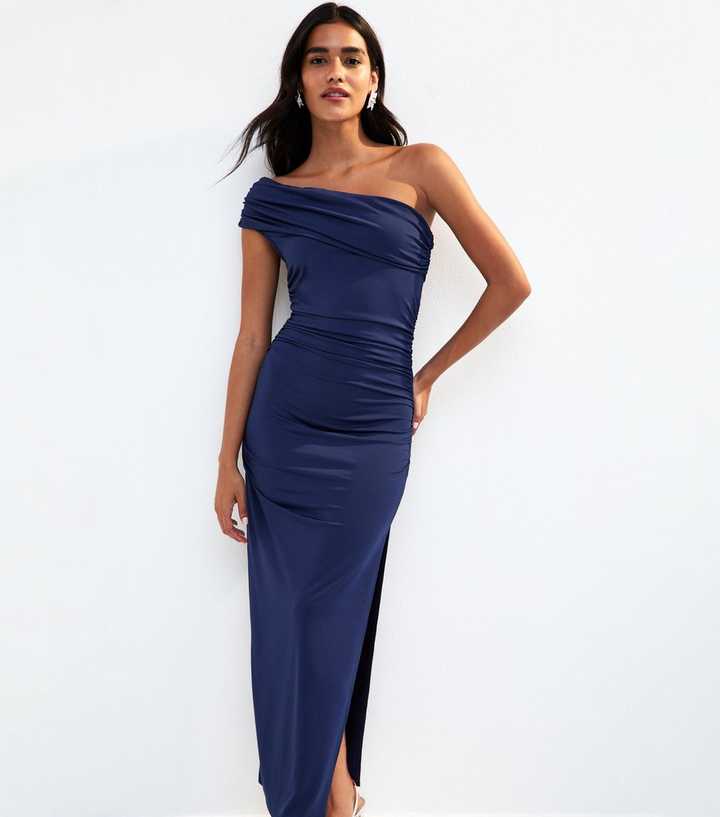 Navy Ruched One Shoulder Slit Hem Midi Dress | New Look