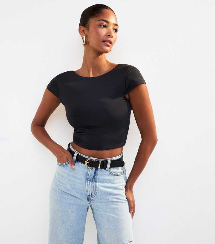 Black Scoop Back Jersey Cropped T-Shirt | New Look