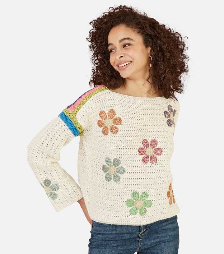 Yumi Cream Floral Crochet Jumper | New Look