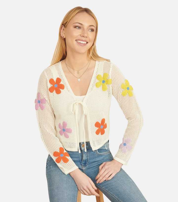 Yumi White Open Knit Flower Cardigan | New Look