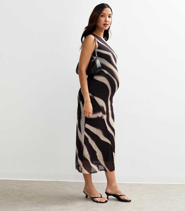 Maternity Black Blur Stripe Print Mesh Midi Dress | New Look