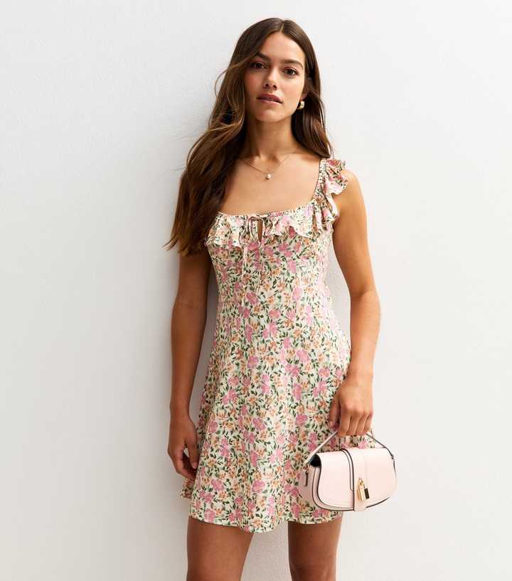 Petite Cream Floral Print Frill Trim Mini Dress | New Look