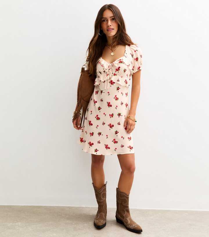 Petite Cream Rose Print Milkmaid Mini Dress | New Look