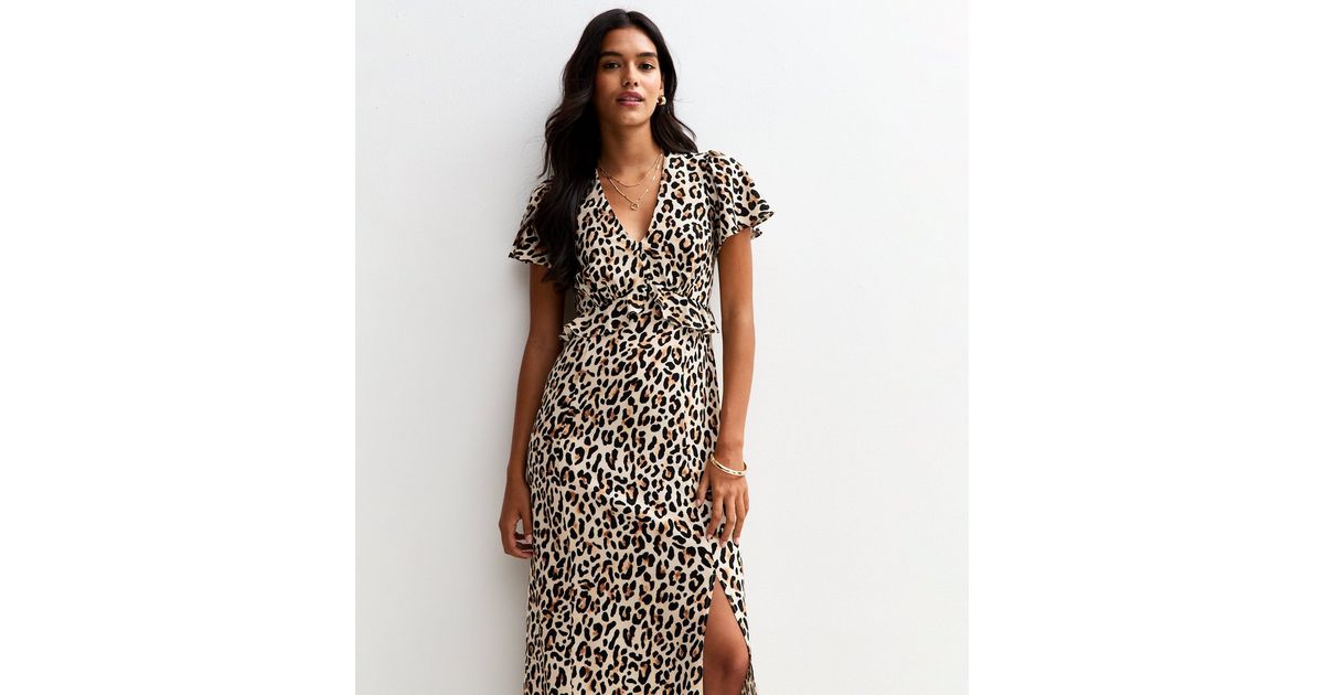 Brown Leopard Print Flutter Sleeve Midi Dress | New Look