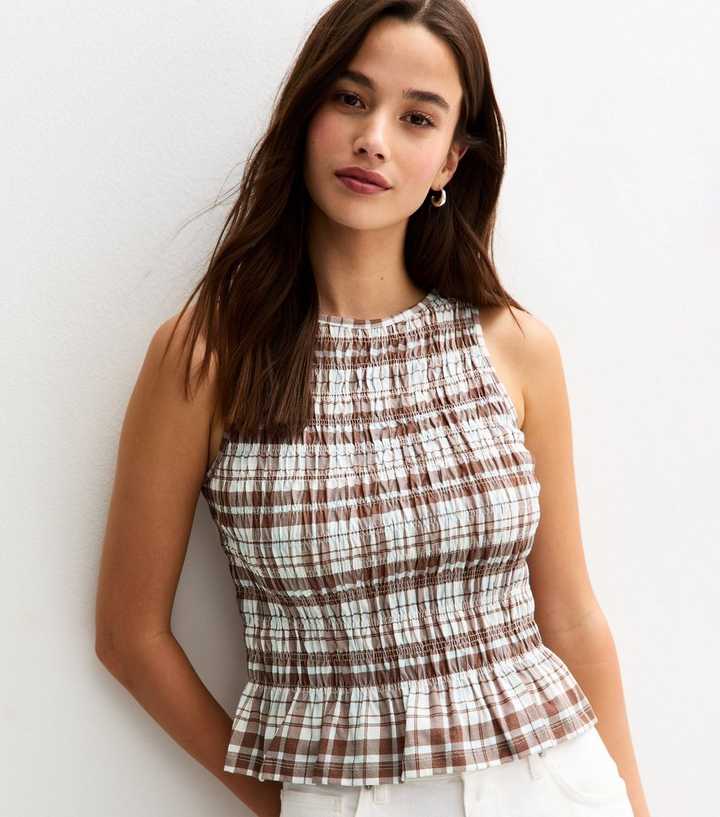 Brown Check Pattern Shirred Sleeveless Top | New Look