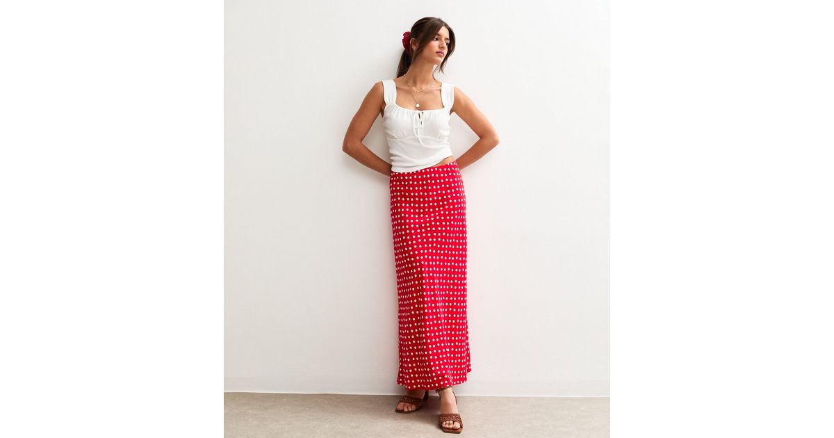 Red Spot Print Bias Cut Midi Skirt | New Look