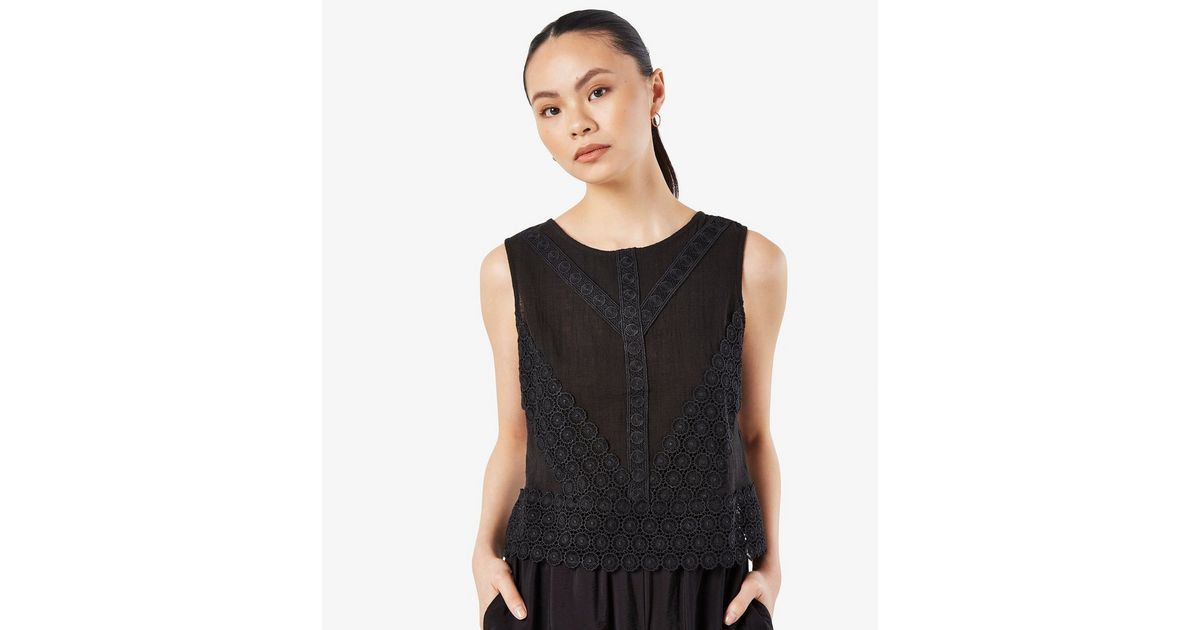 Apricot Black Lace Hem Back Bow Sleeveless Top | New Look