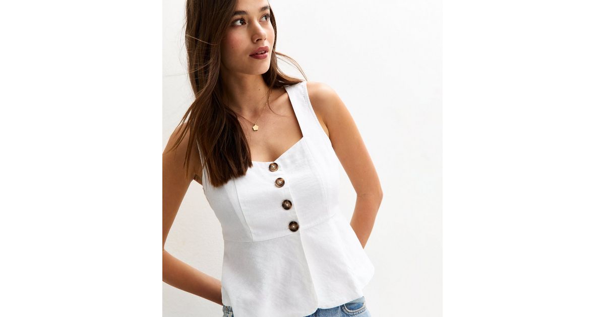 White Button Up Tie Back Sleeveless Top | New Look
