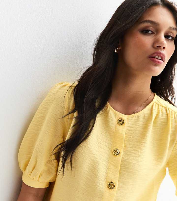 Yellow Crew Neck Button Through Top | New Look