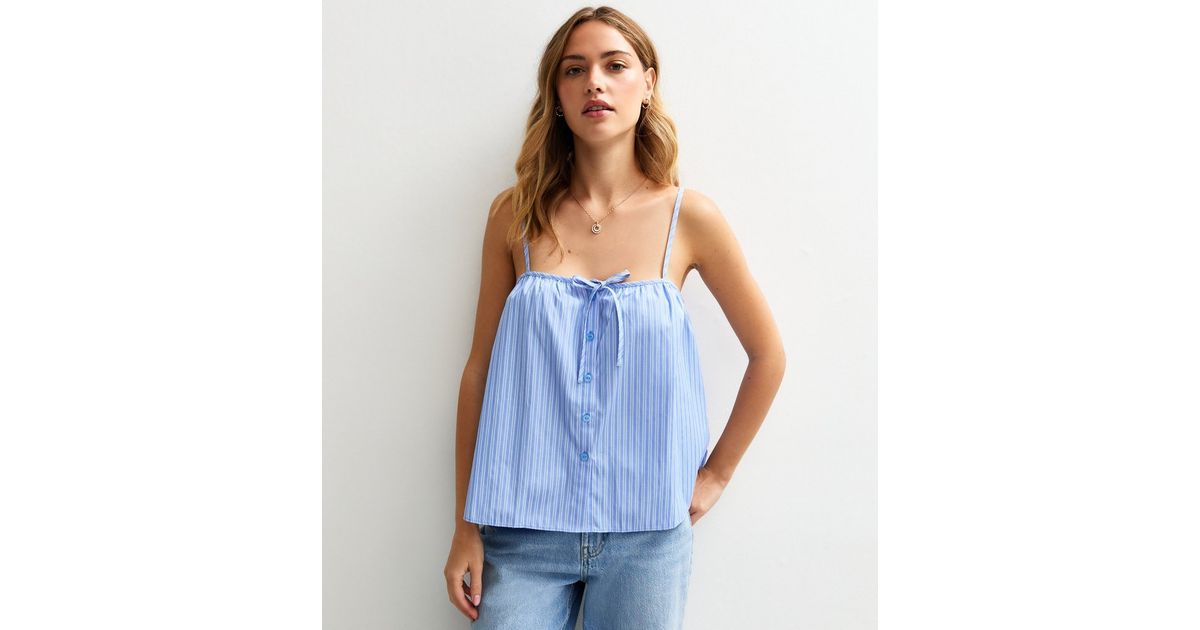 Blue Striped Poplin Button Cami Top | New Look