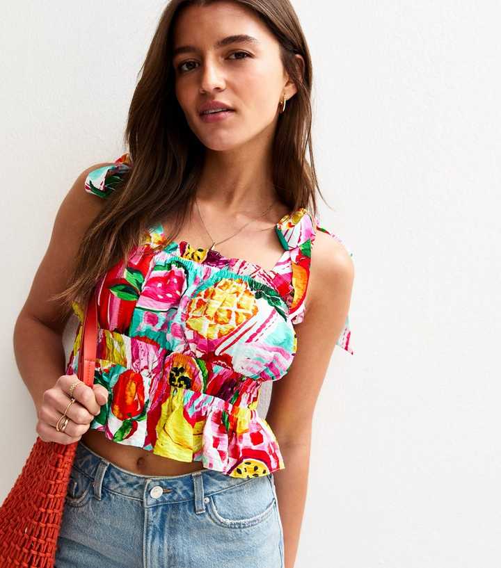 Pink Tropical Fruit Print Tie Strap Crop Shirred Top | New Look