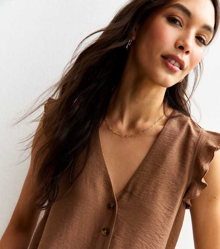 Brown Ruffle Trim Button Up Top | New Look