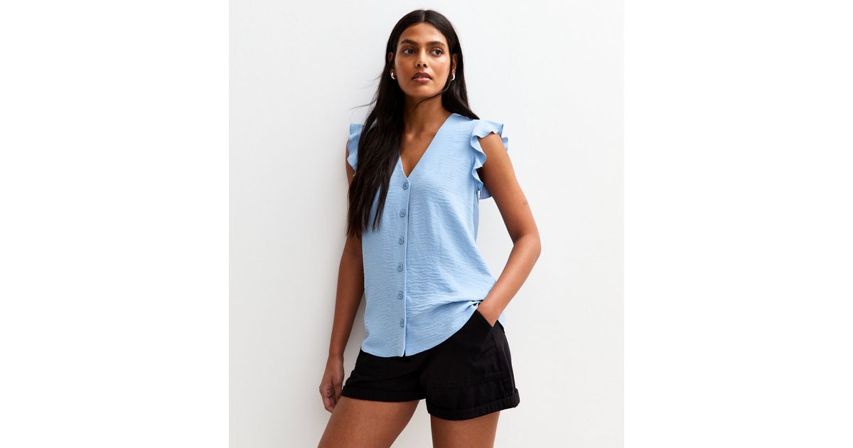Blue Ruffle Trim Button Up Top | New Look