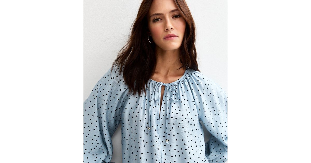 Blue Spot Print Textured Tie Neck Blouse | New Look