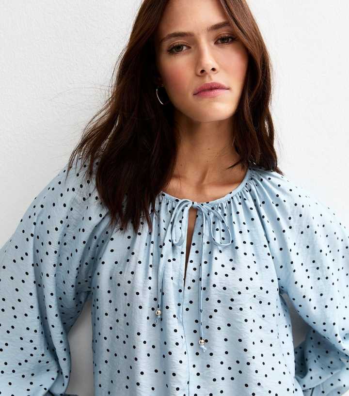 Blue Spot Print Textured Tie Neck Blouse | New Look