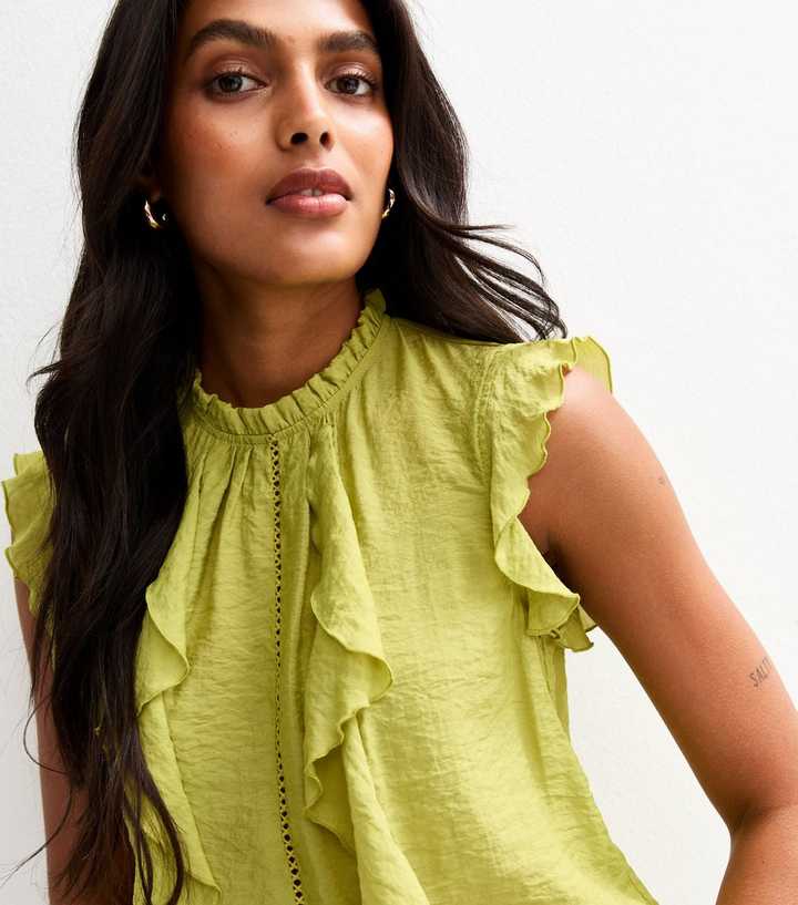 Green Crinkled Lace Trim Ruffled Sleeveless Top | New Look