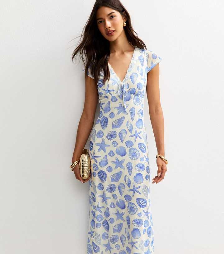 Cream Shell Print V-Neck Midi Dress | New Look