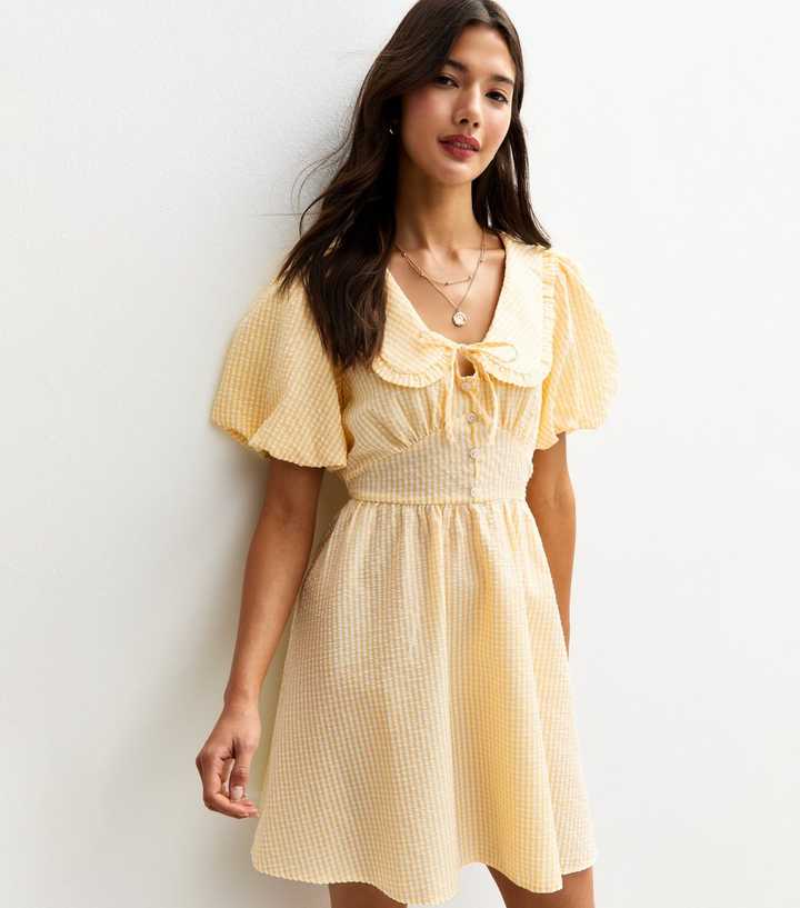 Yellow Gingham Crinkle Texture Collared Puff Sleeve Mini Dress | New Look