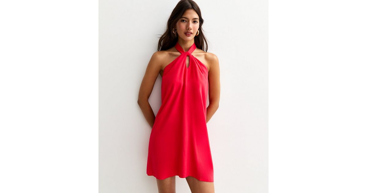 Red Linen Look Halterneck Mini Dress | New Look