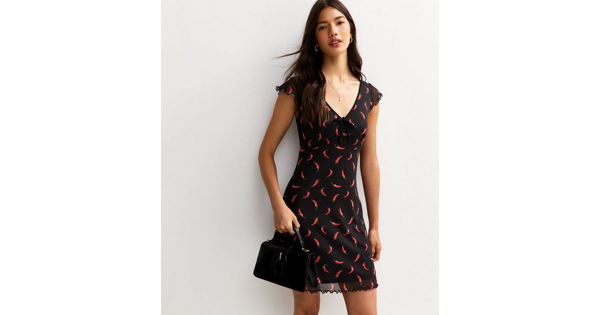 Black Chilli Print V-Neck Mesh Mini Dress | New Look